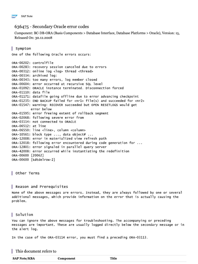 Note 636475 - Secondary Oracle Error Codes | PDF
