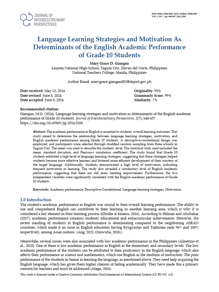 Language Learning Strategies and Motivation As Determinants of The ...