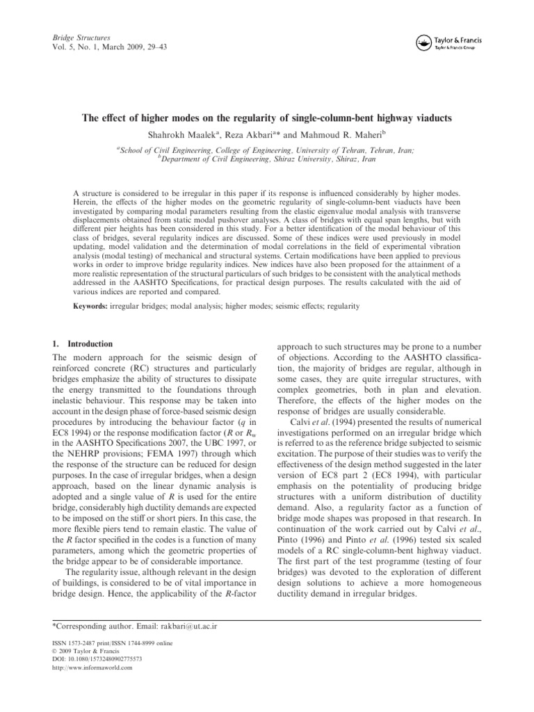 Maalek Et Al 2009 The Effect of Higher Modes On The Regularity of Single Column Bent Highway ...