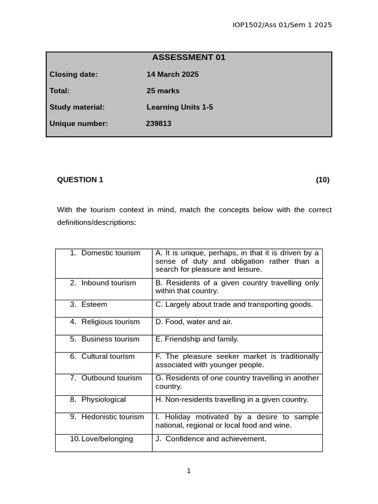 Assigment 01 2025 Semester 1 2 | PDF | Tourism | Psychology