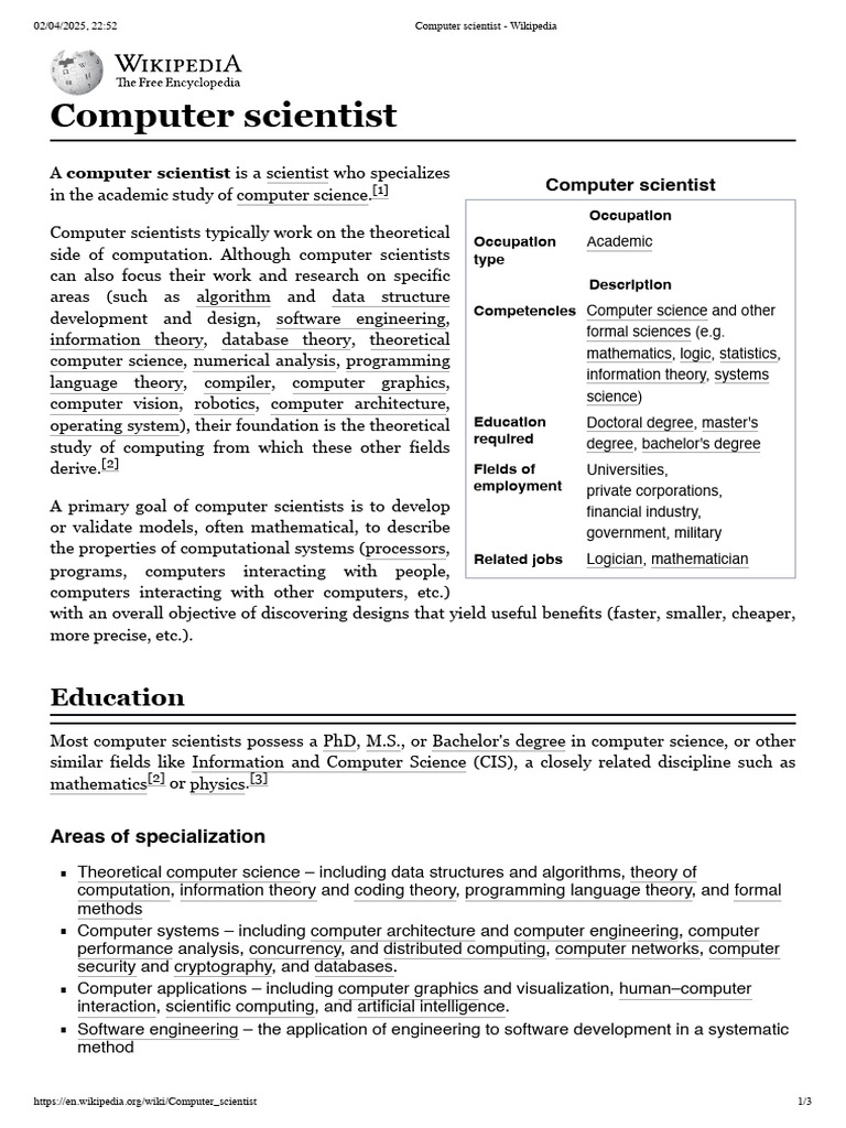 Computer Scientist - Wikipedia | PDF | Computer Science | Science