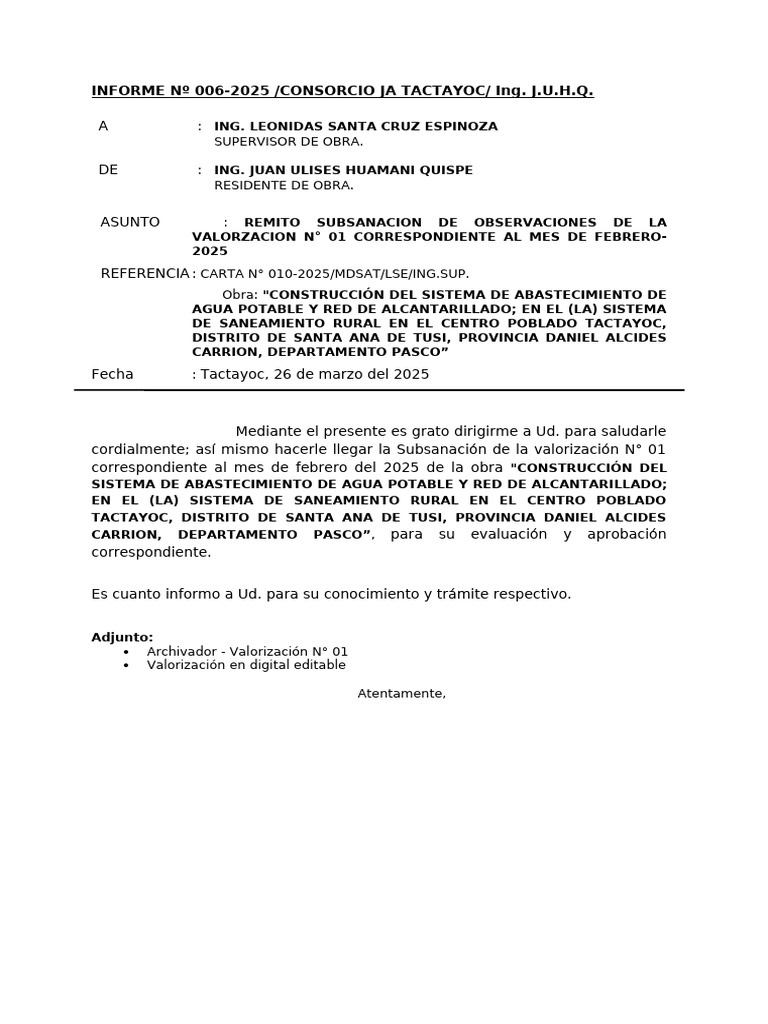 Informe #006 - Informe Subsanacion de Valorizacion | PDF | Alcantarillado | Tratamiento de aguas