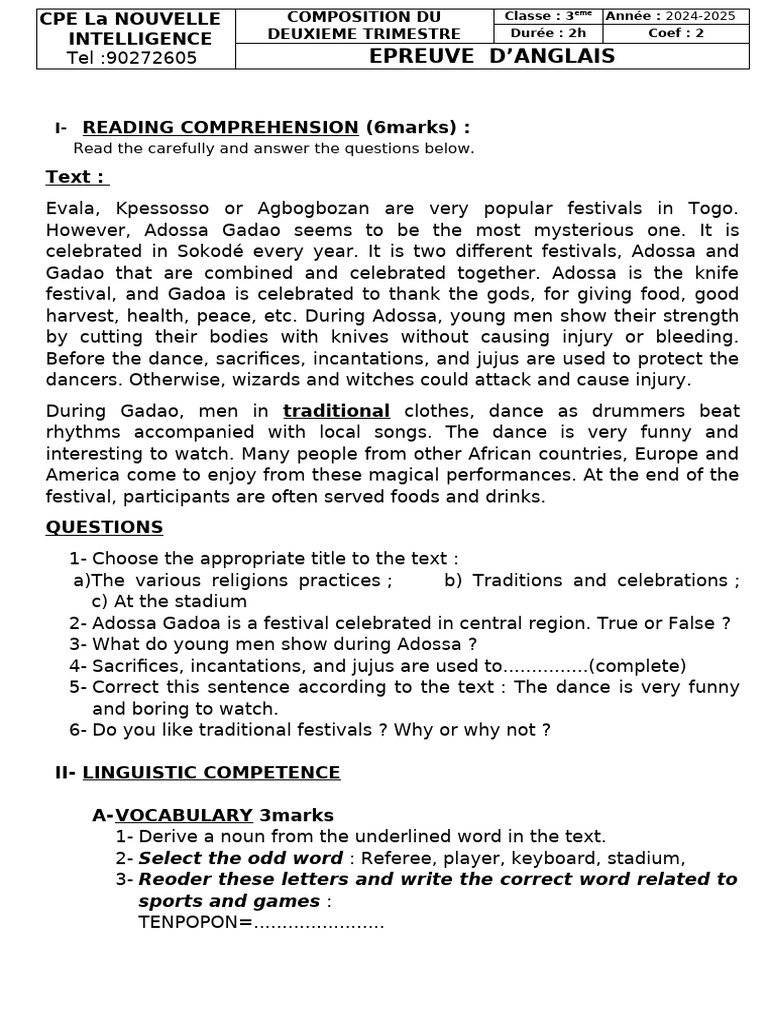 English Exam for 3ème Students | PDF | Grammar | Syntax