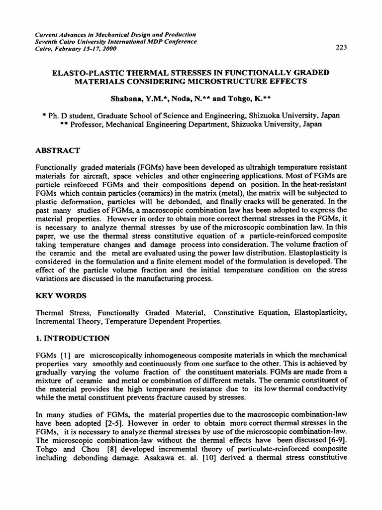 2000 Elasto Plastic Thermal Stresses In Functionally Graded Materials Considering