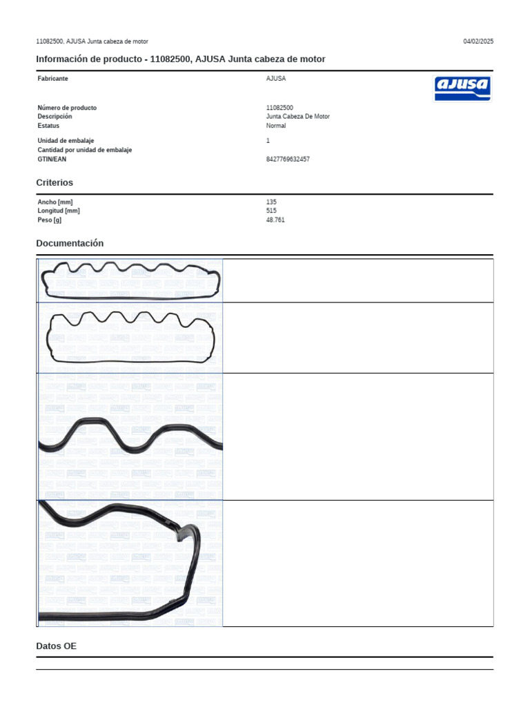 Ficha Técnica Ajusa Gasket Volkswagen BJM | PDF