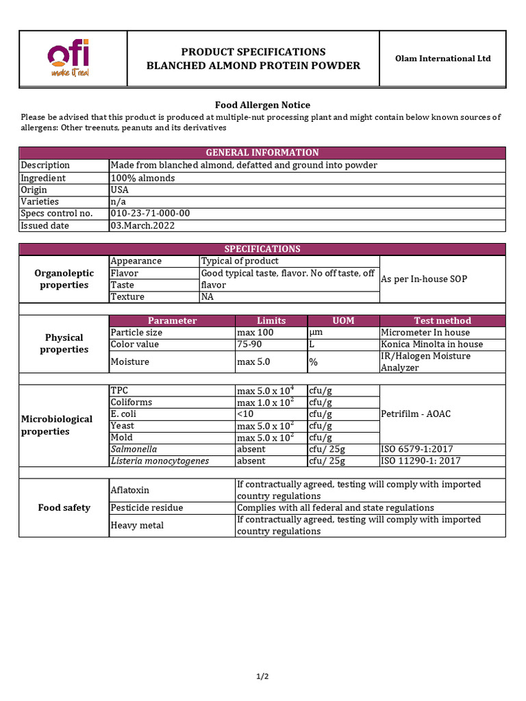 Spec-Blanched Almond Protein Powder | PDF | Food Science