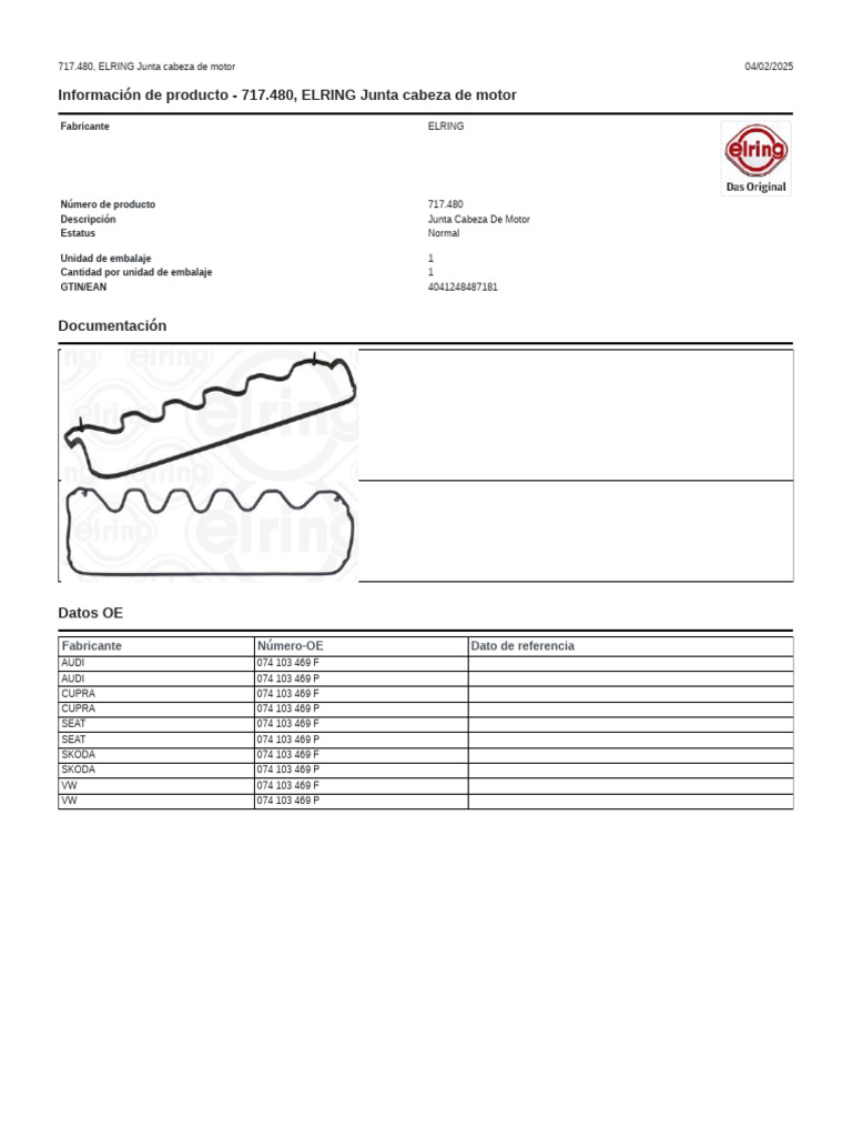 Ficha Técnica Elring Gasket Volkswagen BJM | PDF