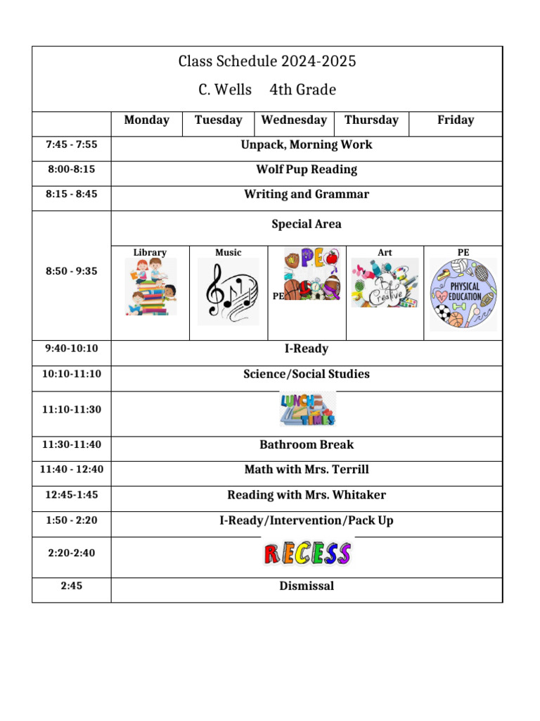 4th Grade Class Schedule 2024-2025 | PDF