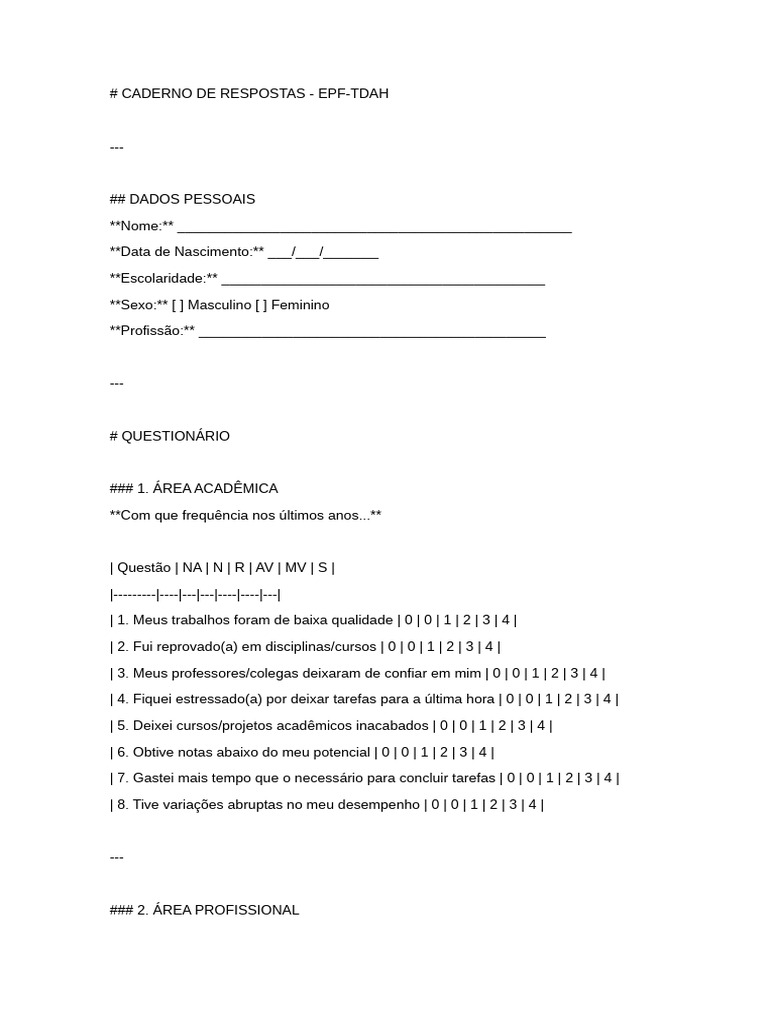 Caderno de Respostas Epf - Tdah Prejuizos Padronizado | PDF