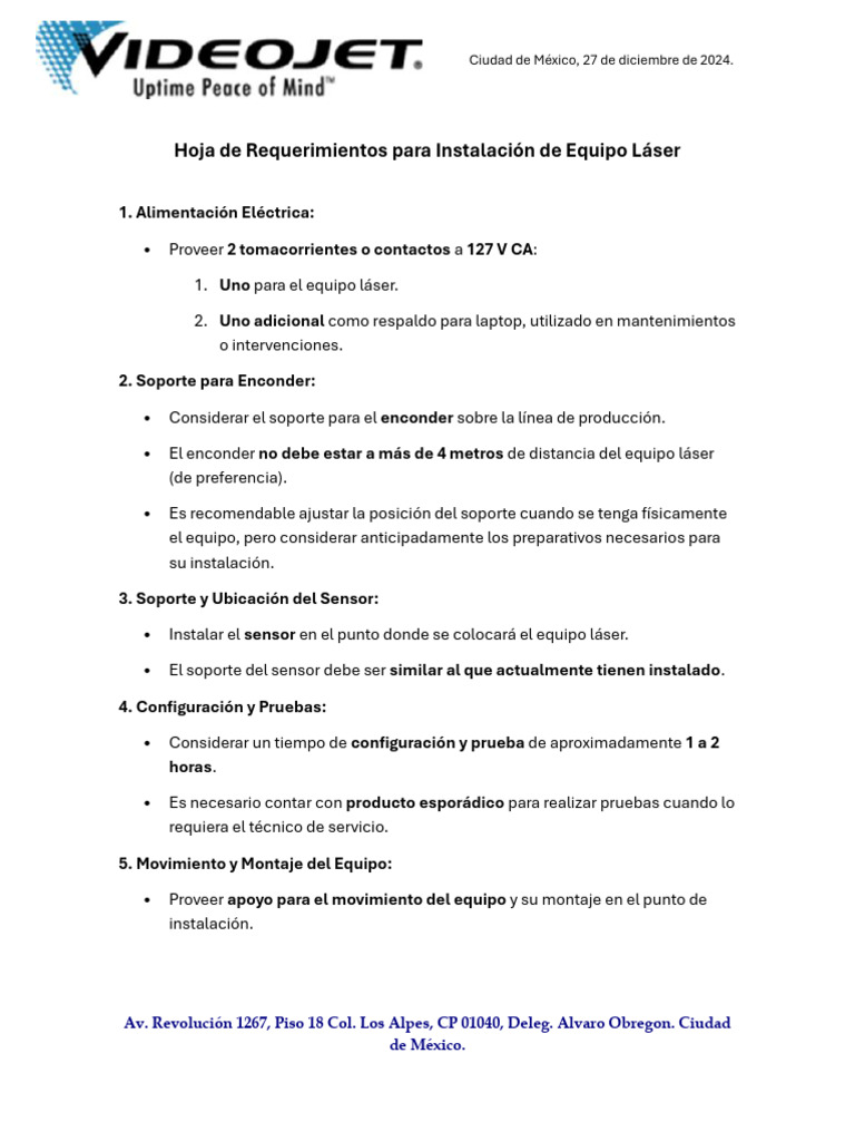 Hoja de Requerimientos para Instalación de Equipo Láser | PDF