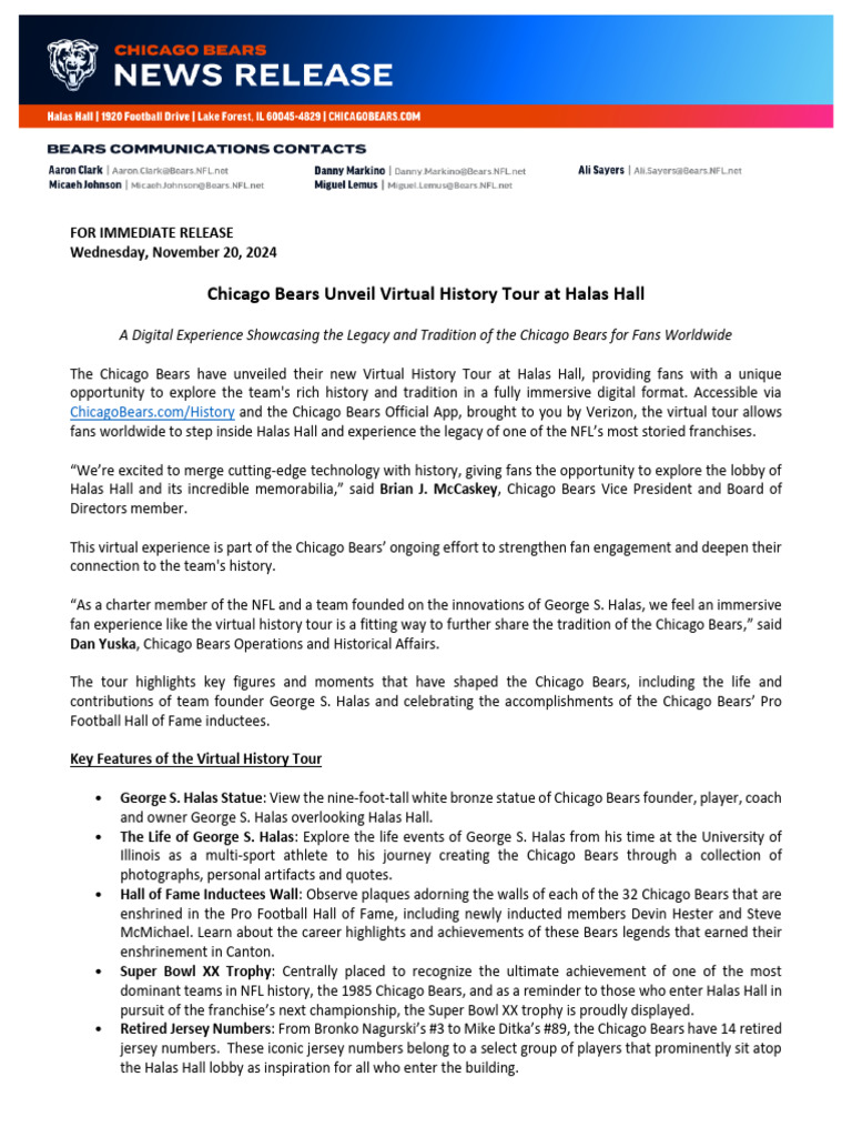Chicago Bears Unveil Virtual History Tour at Halas Hall - News Release ...