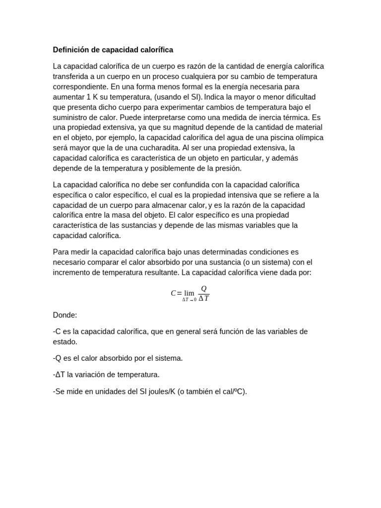Definición de Capacidad Calorífica | PDF | Capacidad calorífica | Calor