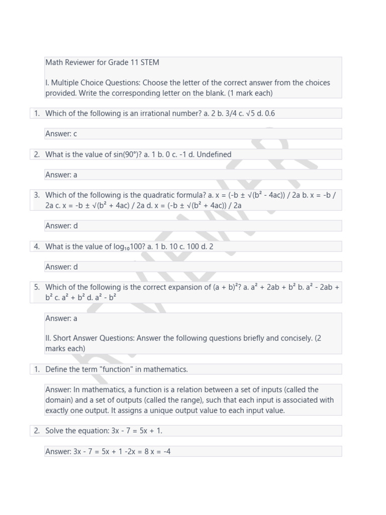 Math Reviewer For Grade 11 STEM | PDF | Trigonometric Functions ...