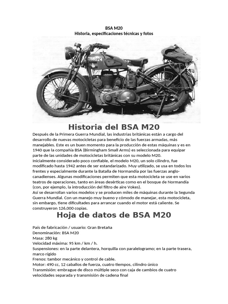 Historia y Especificaciones de BSA M20 | PDF