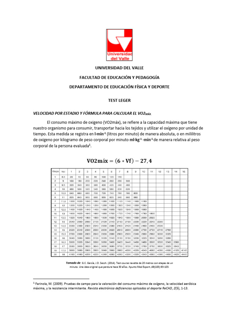 Fórmula del Test de Leger para VO2máx | PDF