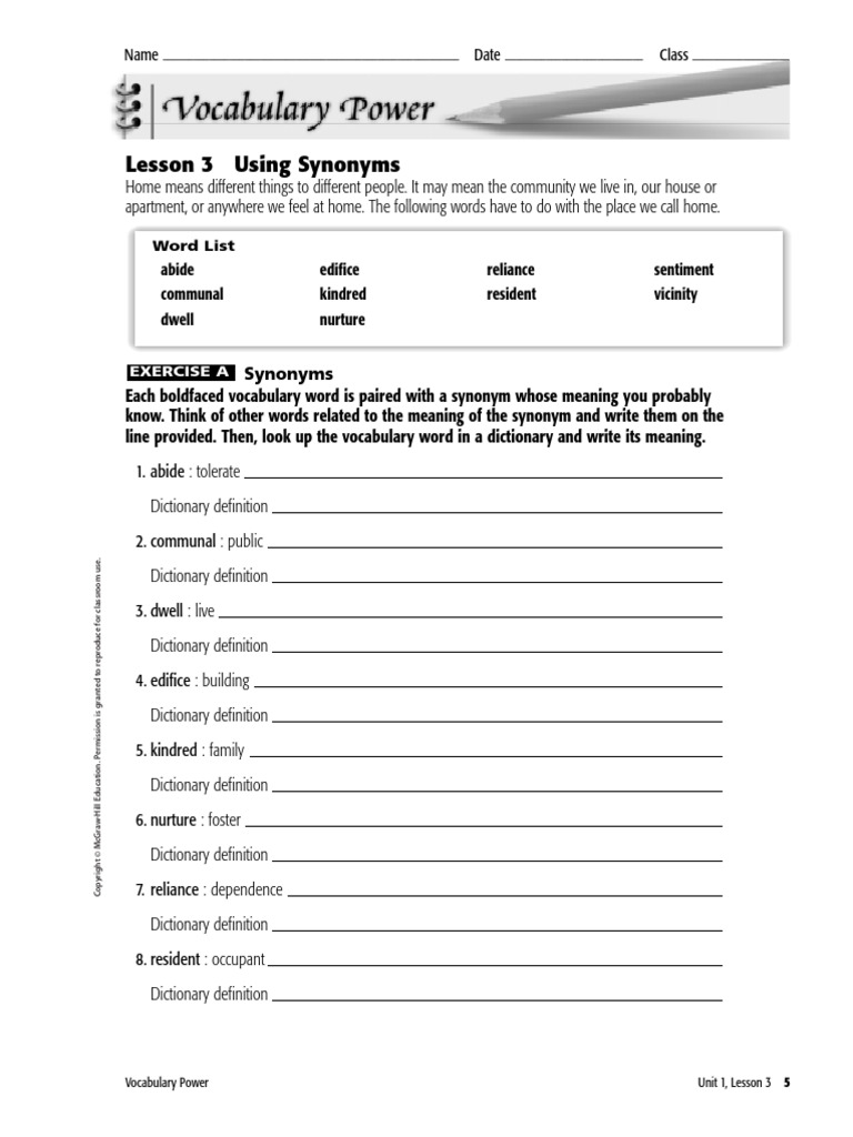 Vocabulary Power Workbook - Using Synonyms | PDF | Vocabulary | Lexical ...