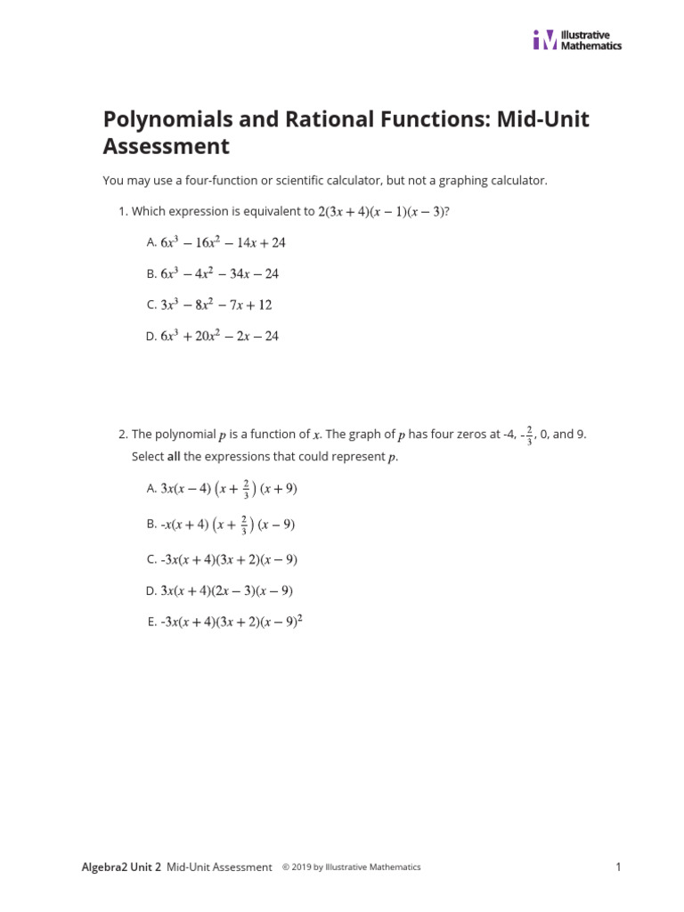 Algebra2 2 Mid Unit Assessment Assessment - For - Polynomials - 7 | PDF ...