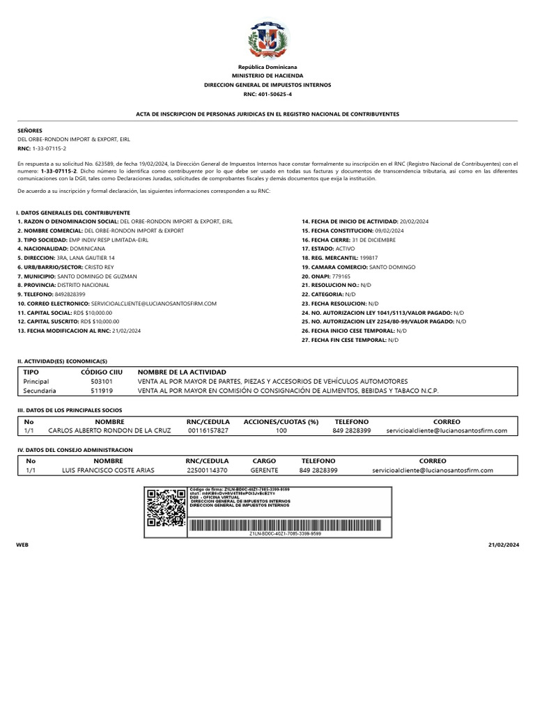 5 Acta de RNC Del Orbe-Rondon Import & Export | PDF | Impuesto sobre la ...
