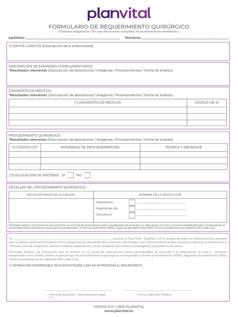 PLAN VITAL - Formulario CRÉDITO HOSPITALARIO | PDF | Historial médico | Hospital