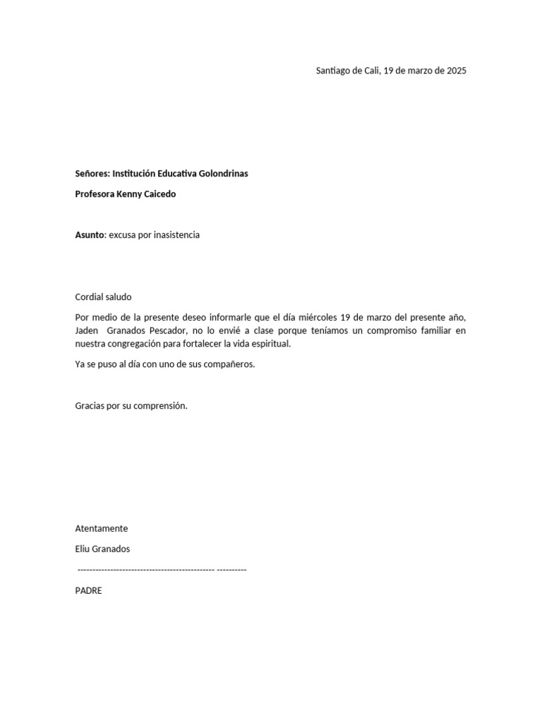 Carta Excusas Profesores | PDF