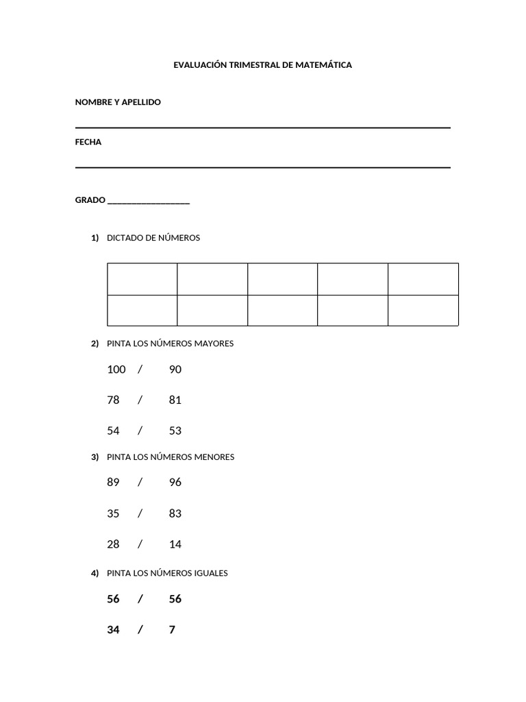 Evaluación Trimestral de Matemática | PDF