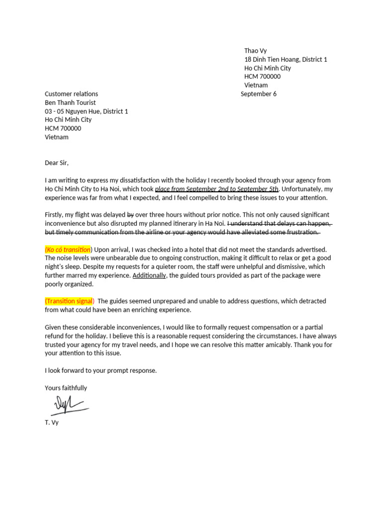 Complaint About Unsatisfactory Holiday Experience | PDF