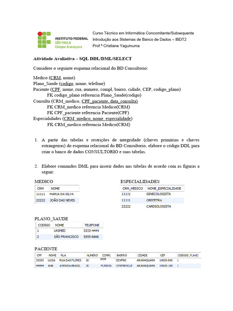 Atividade SQL: Consultório Médico DDL/DML | PDF
