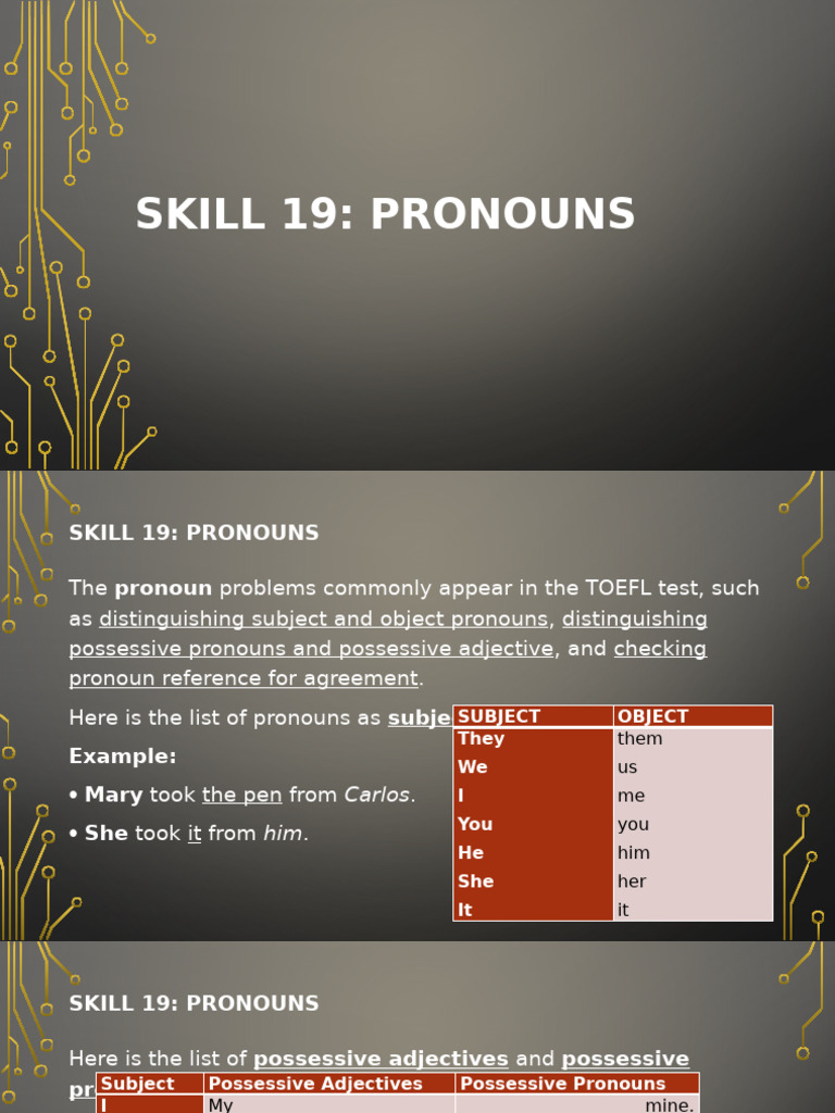 TOEFL Pronouns: Subject, Object, Possessives | PDF | Pronoun | Subject ...