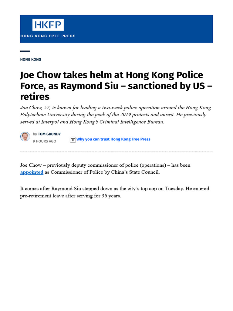 Joe Chow Takes Helm at HK Police Force, As Raymond Siu Retires | PDF ...