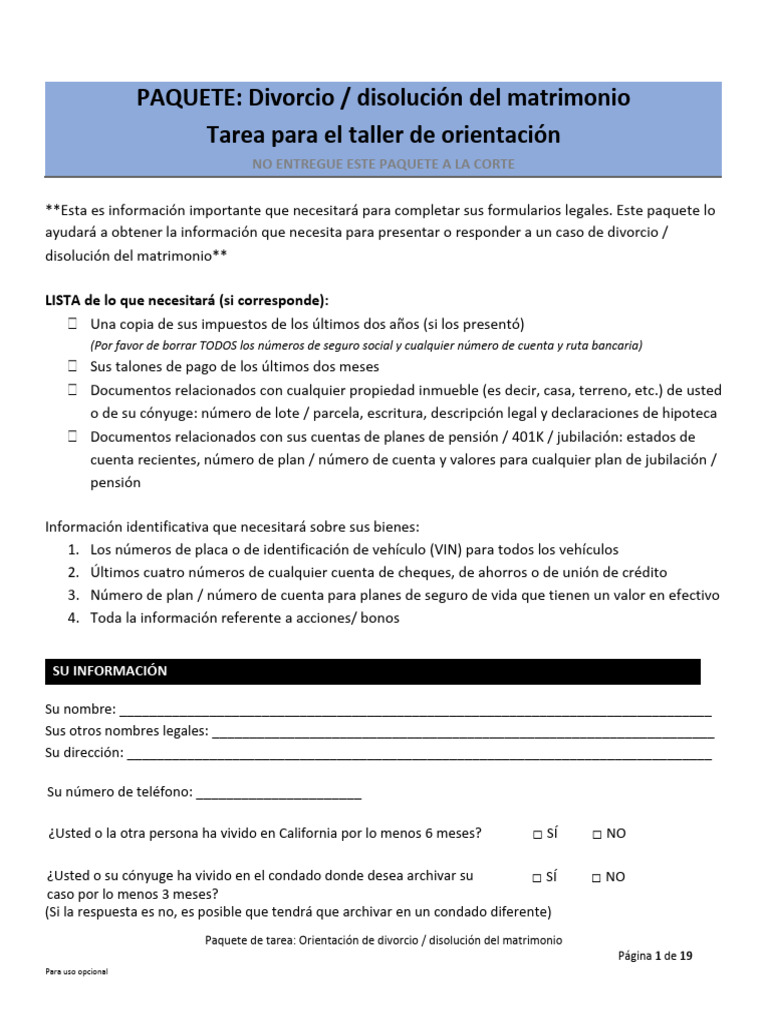 Divorce - Dissolution Orientation Worksheet Spanish | PDF | Esposa ...