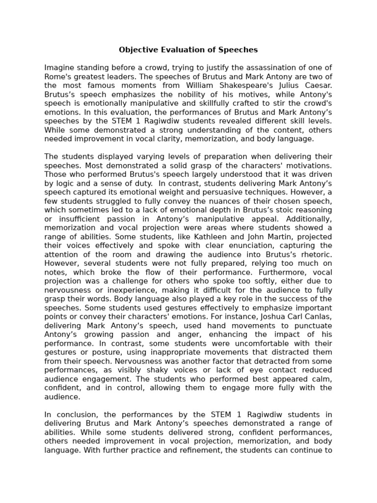 Objective Evaluation of Speeches | PDF | Mark Antony | Speech