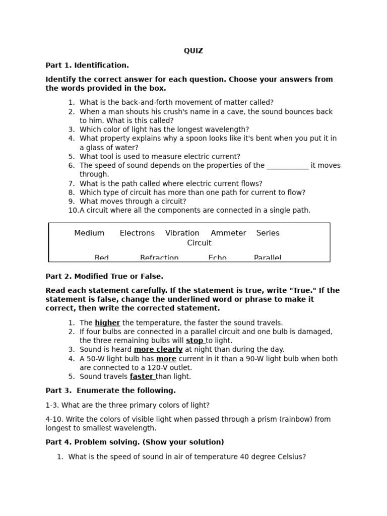 Science Quiz: Sound and Circuits | PDF