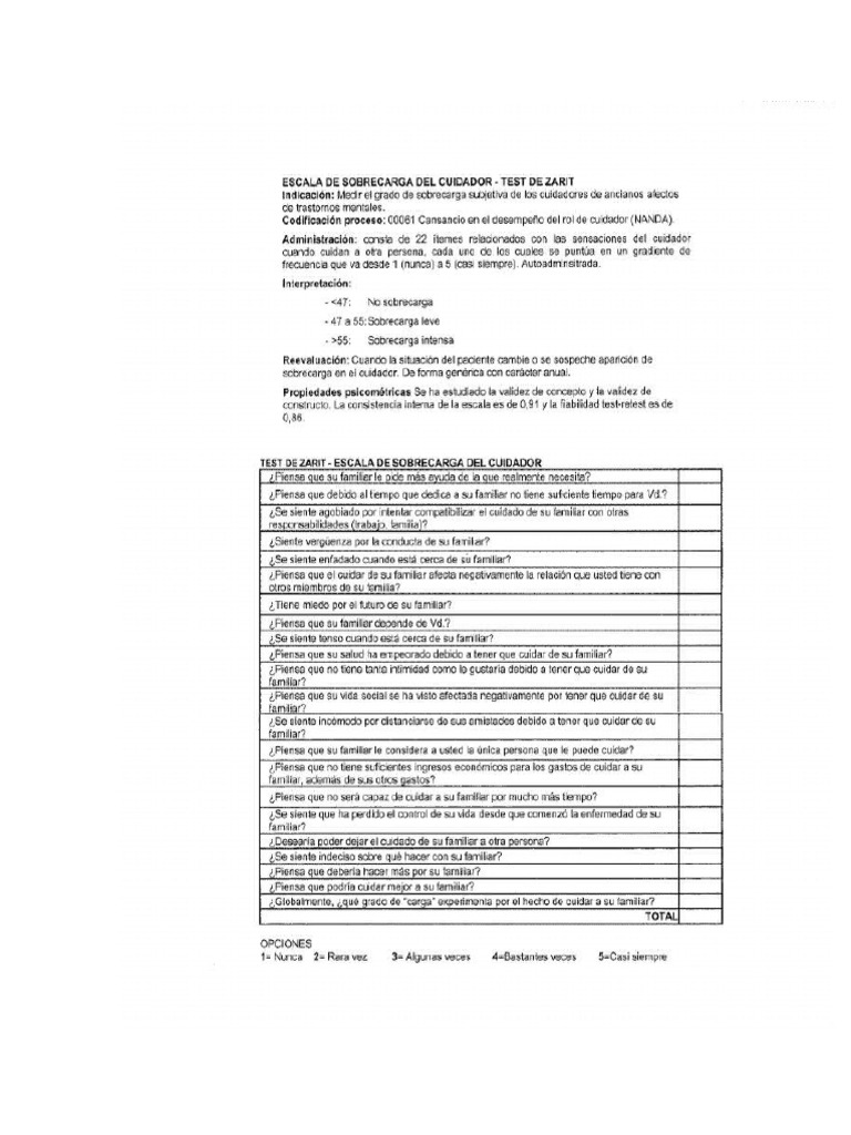 Escalas de Valoracion Zarit Cuidados Del Cuidador | PDF