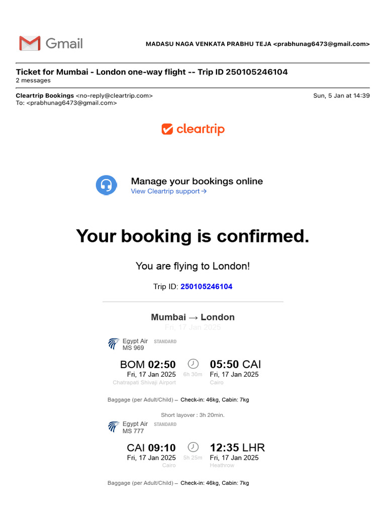 Ticket For Mumbai - London One-Way Flight - Trip ID 250105246104 | PDF ...