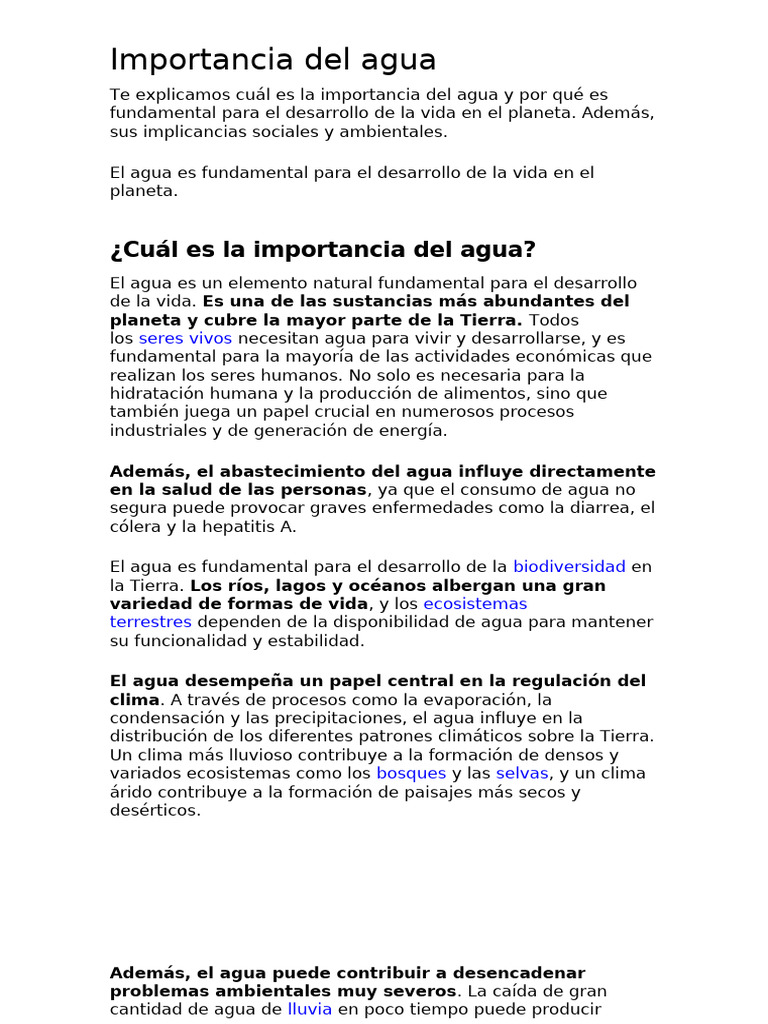 Importancia Del Agua | PDF | Agua | Tierra