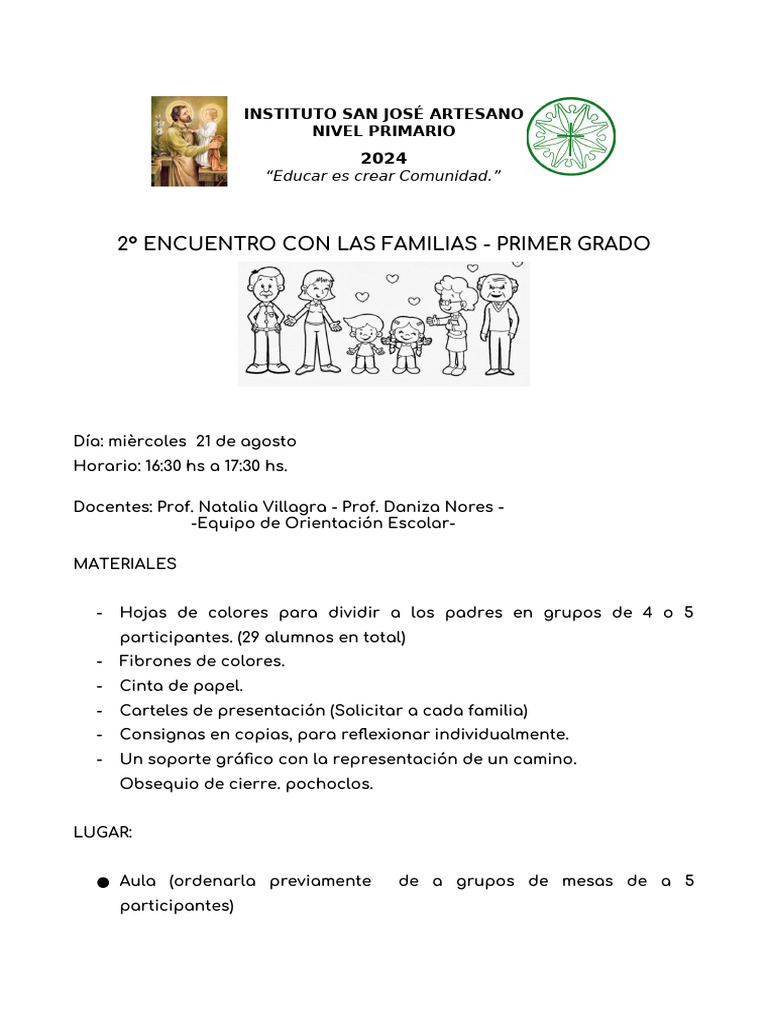 Planificación Reunión de Padres 1er Grado 2024 | PDF | Educación de la ...