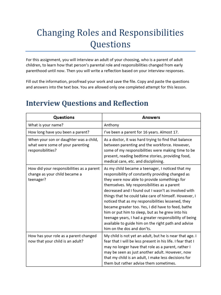 Changing Roles and Responsibilities - Questions and Reflection | PDF ...