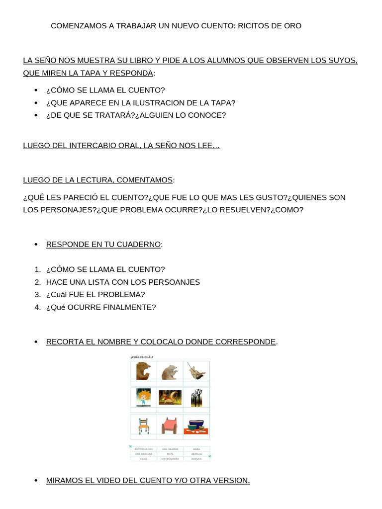 Actividades sobre Ricitos de Oro para Alumnos | PDF