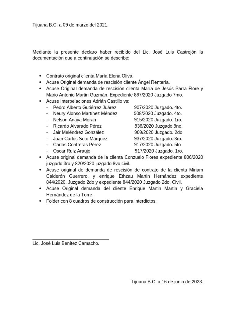 Carta de Recibo de Documentos | PDF | Derecho Civil (Common Law) | Ley ...