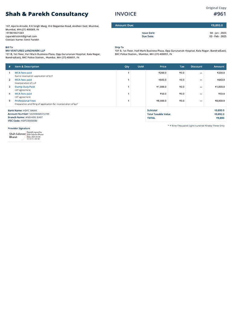 961 - 2025!01!04-MV Landmark Incorporation Invoice | PDF