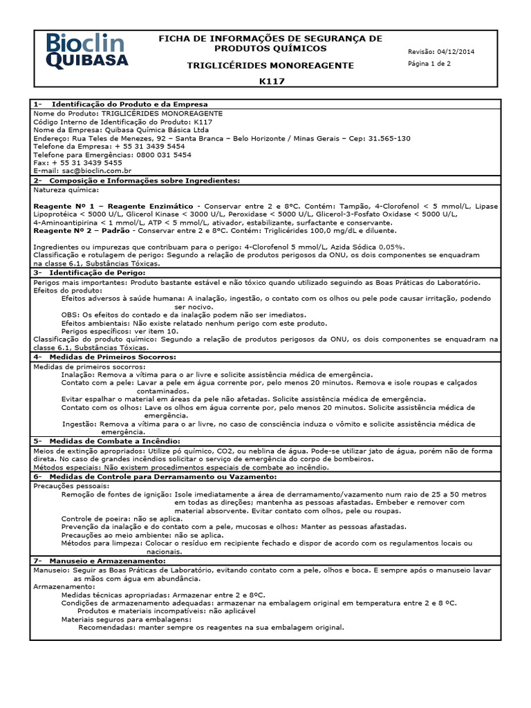 Ficha de Segurança Triglicerídeos K117 | PDF | Química