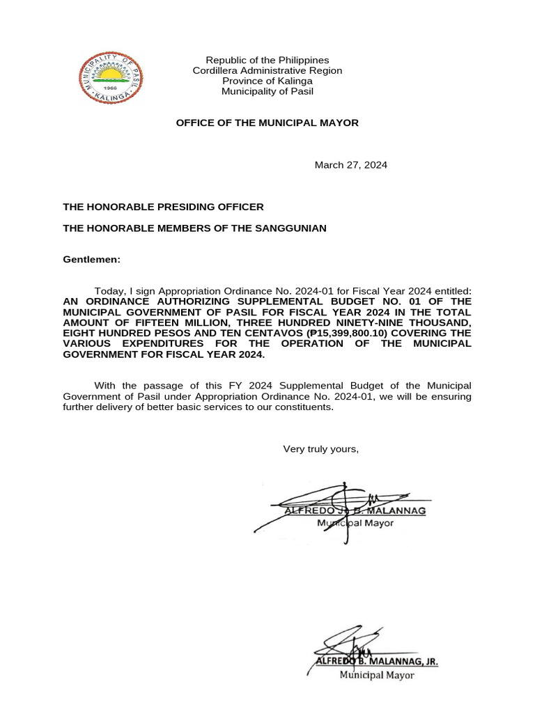 Budget Transmittal Letter | PDF