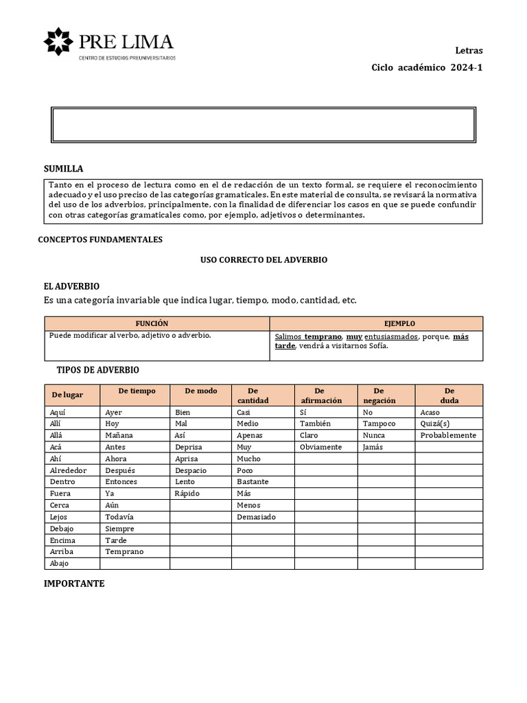 Material teórico - Uso correcto del adverbio | PDF | Adverbio | Unidades Semánticas