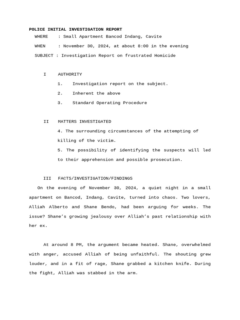 Frustrated Homicide Investigation Report | PDF