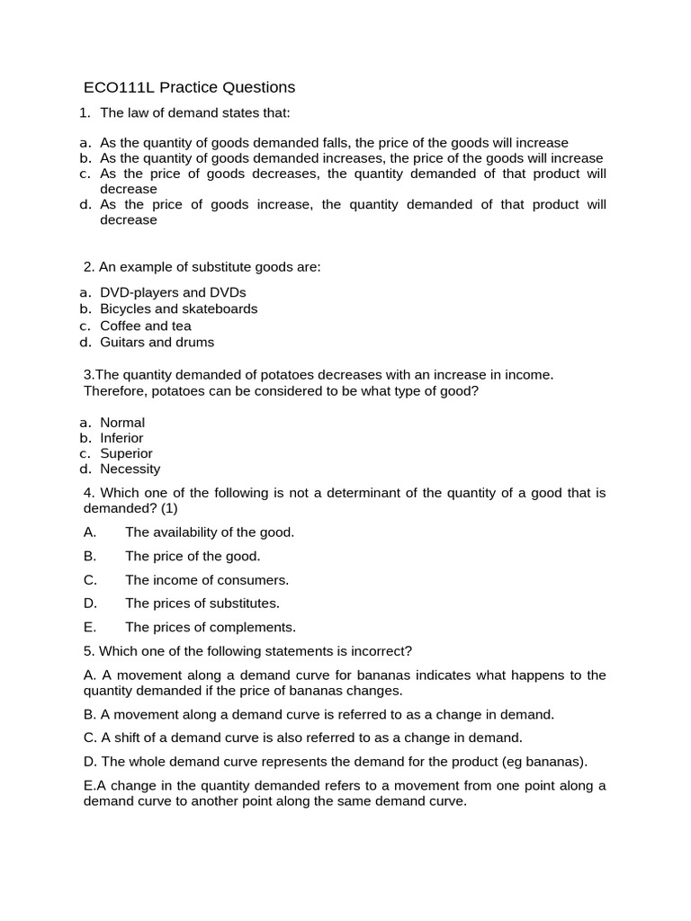 ECO111L Demand Theory Practice Questions | PDF | Demand | Demand Curve