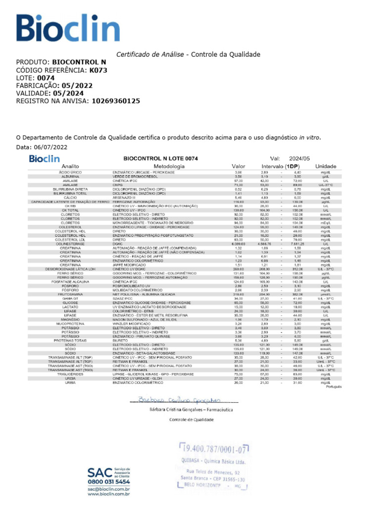 CERTIFICADO BIOCONTROL N LOTE 0074 | PDF