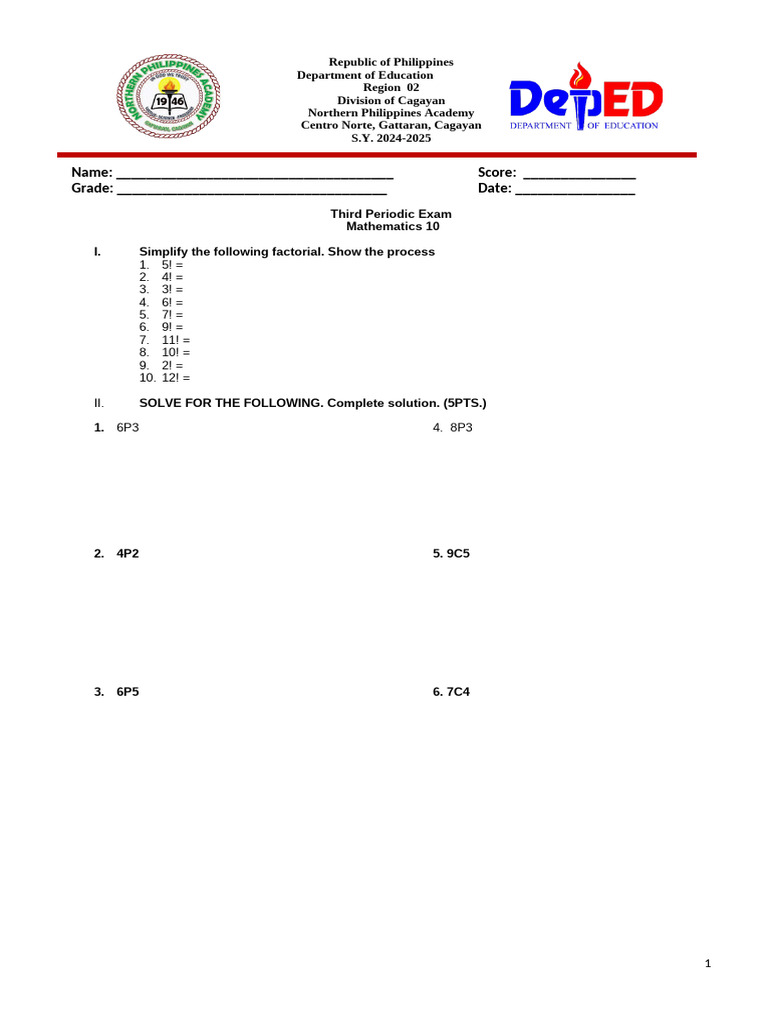 3rd PERIODIC Exam - Math 10 | PDF | Mathematics