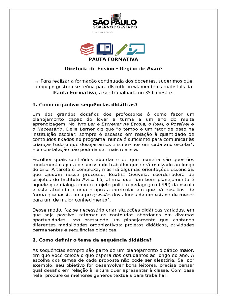 PAUTA_FORMATIVA___3__BIMESTRE___SEQU_NCIA_DID_TICA | PDF | Aprendizado | Planejamento