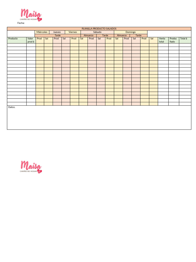 Planilla de Ventas Producto Salados | PDF