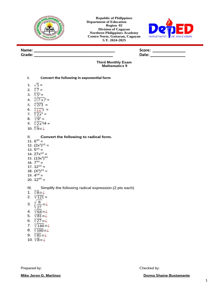 Math 9 Third Monthly Exam Guide | PDF